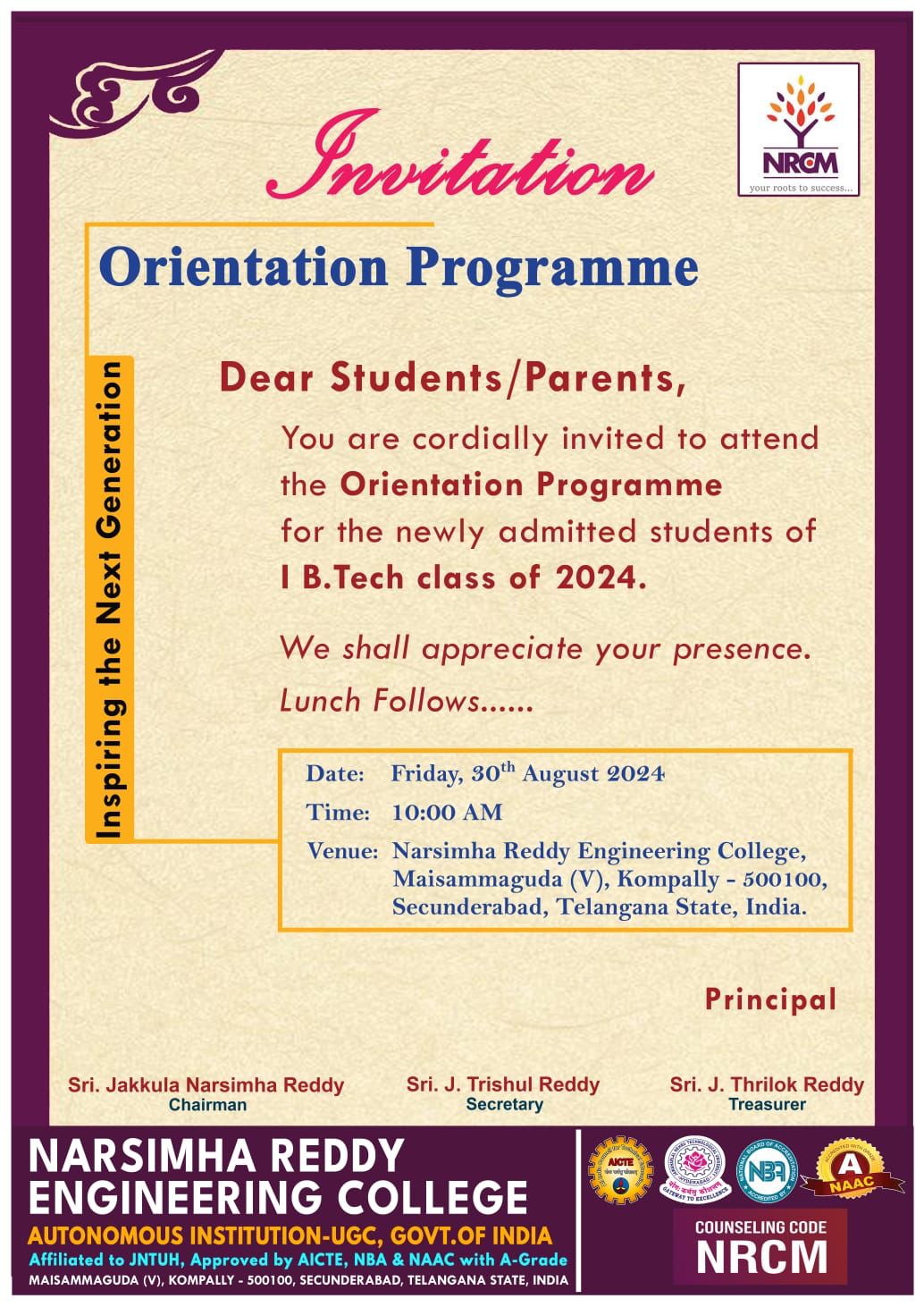 I B.Tech. "The Orientation Programme" for students admitted in 2024 is ...